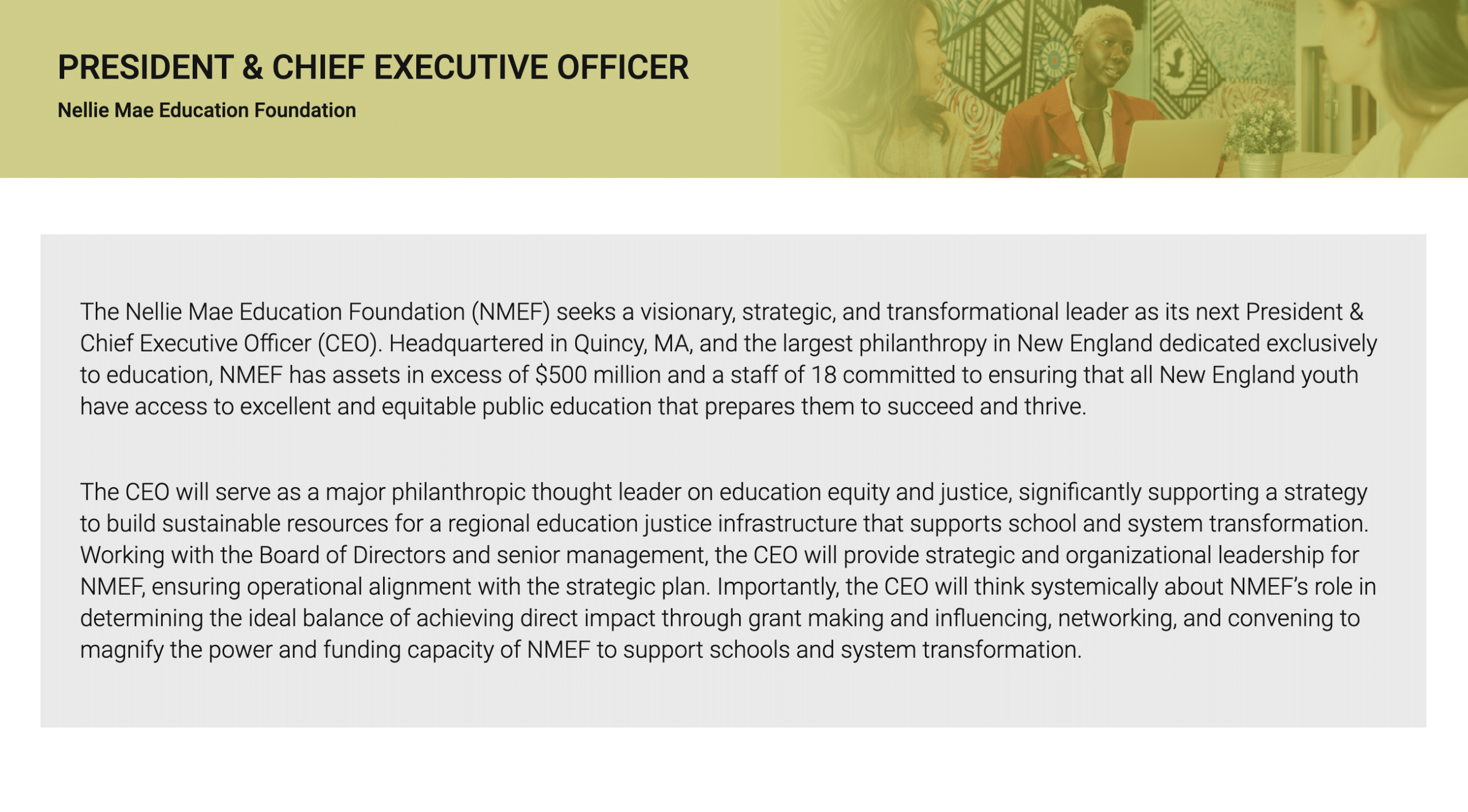 President & Chief Executive Officer | Nellie Mae Education Foundation (NME)
